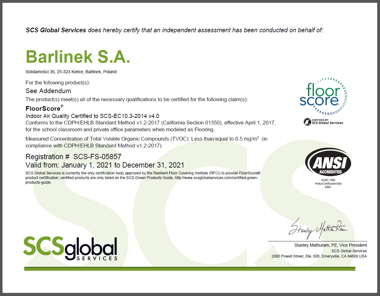 FloorScore Certifikat - Barlinek
